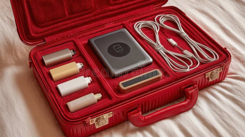 Red Suitcase with Tech Device Arrangement Stock Illustration ...