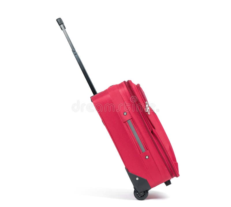 Red Suitcase on Wheels with the Handle Extended in the Running Position ...
