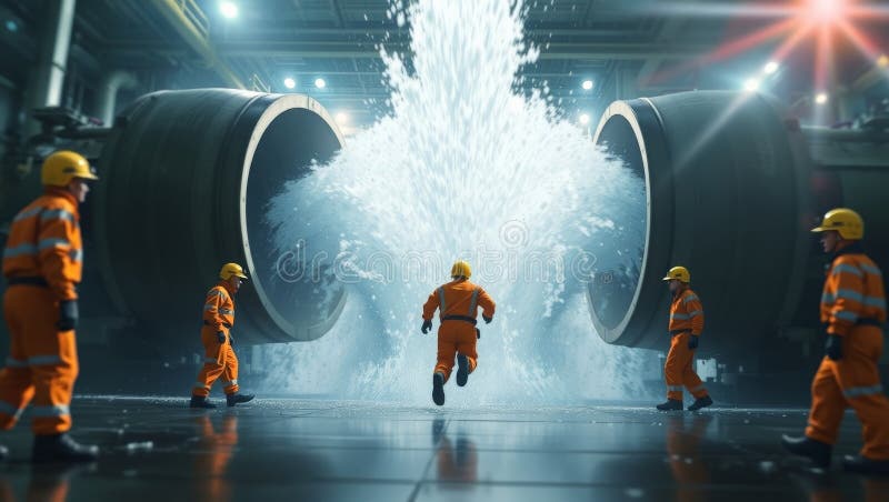 Red-Suited Worker Running from Massive Water Explosion in Industrial ...