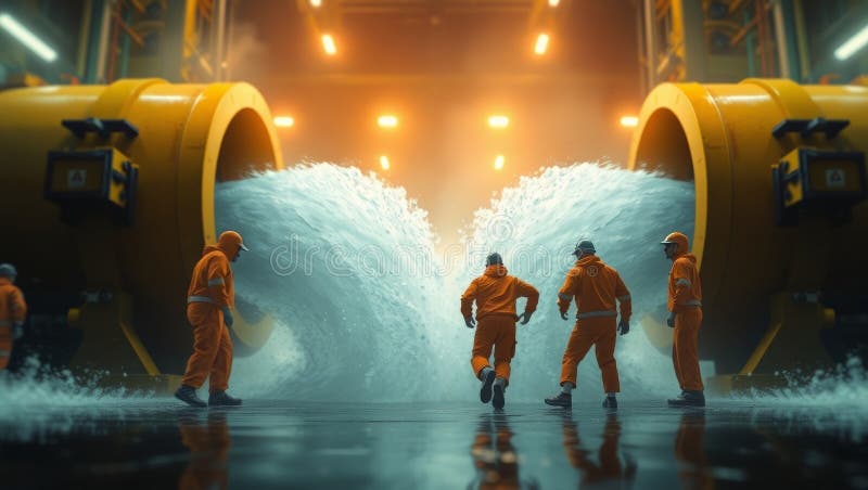 Red-Suited Worker Running from Massive Water Explosion in Industrial ...