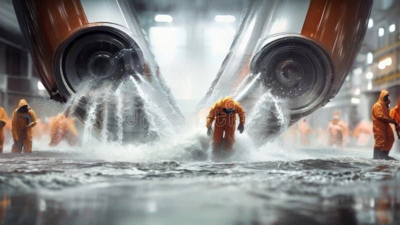 Red-Suited Worker Running from Massive Water Explosion in Industrial ...