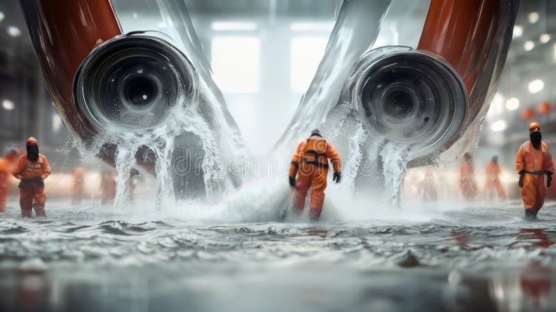 Red-Suited Worker Running from Massive Water Explosion in Industrial ...