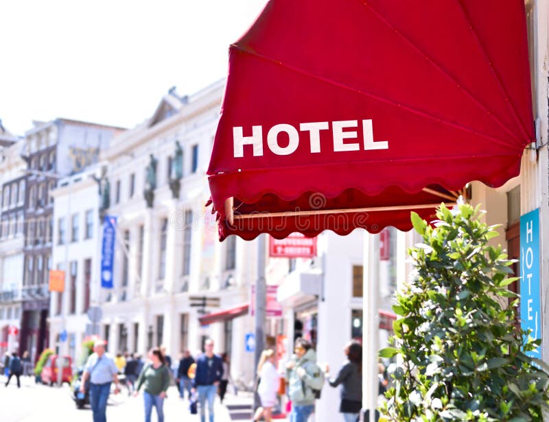 Red Sun Blind or Marquee of an Ancient Hotel Stock Photo - Image of ...