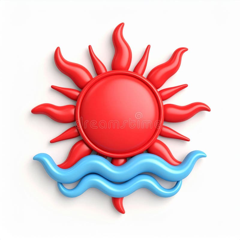 Red Sun and Blue Waves Icon 3D Render Stock Illustration - Illustration ...