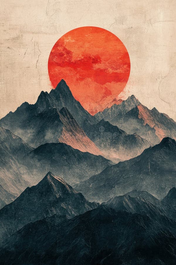 Red Sun Landscape, a Striking Landscape Featuring a Vibrant Red Sun ...