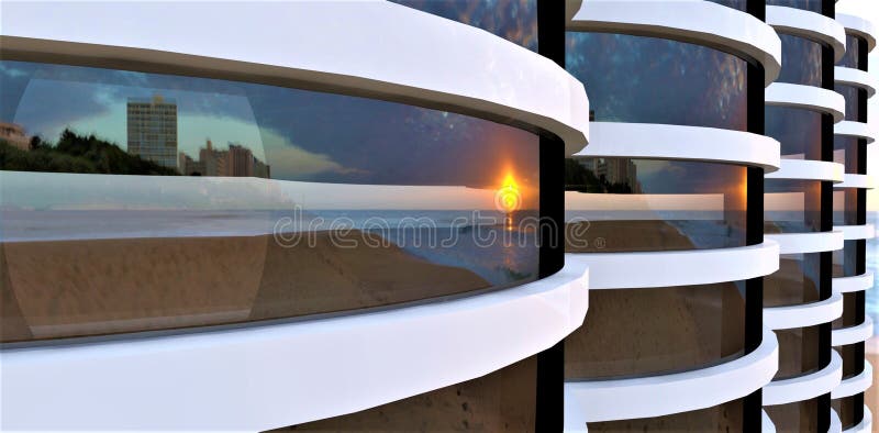 The Red Sun is Reflected in the Round Windows of an Advanced Urban ...