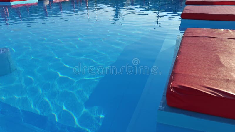 Calm Blue Water in Empty Swimming Pool with Red Sunbeds Stock Footage ...