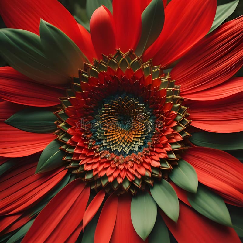 A Red Sunflower with Green Leaves in the Middle. Generative Ai Stock ...