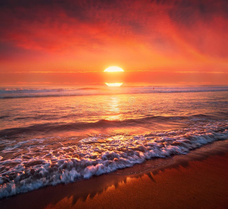 Red Sunset on Beach with Big Sun Stock Image - Image of shore, cloud ...