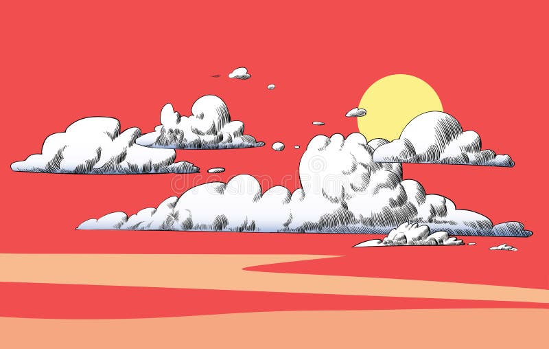 Vector Landscape Blue Sky and Clouds. Sunset. Anime Cartoon Clean Style ...