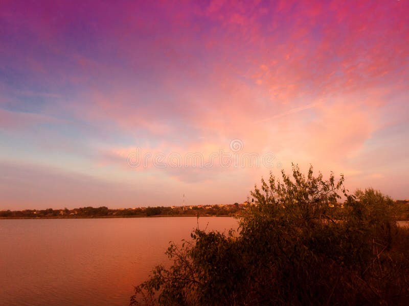 Red Sunset, Dawn Over the Lake, River Stock Photo - Image of beauty ...