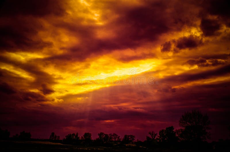 Red Sunset Fantasy Sky, Thick Clouds before the Rain Stock Image ...