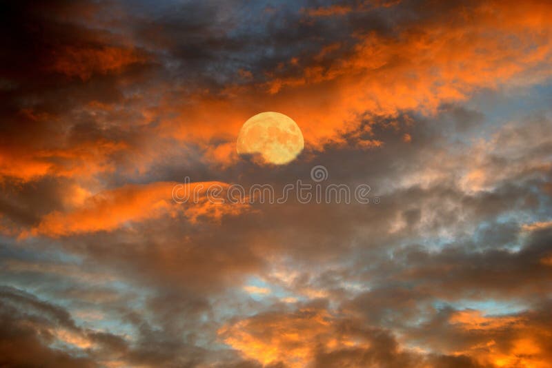 Red sunset with full moon- stock photo. Image of dark - 253890962