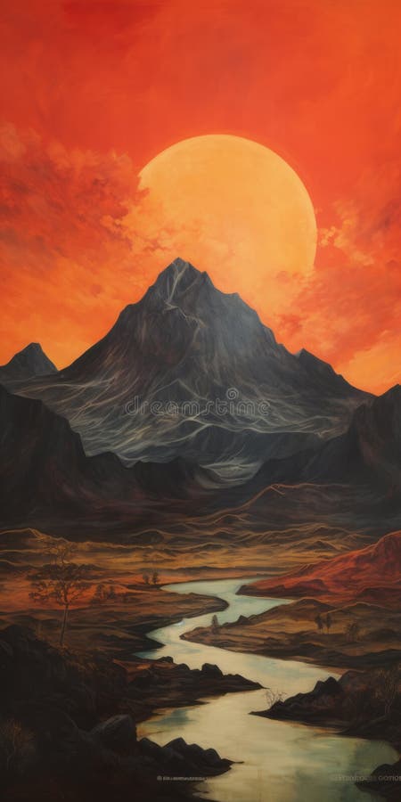 Red Sunset and Mountain Range: a Post-apocalyptic Surrealism Painting ...