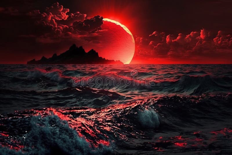 Red Sunset in Ocean Generative AI Stock Illustration - Illustration of ...