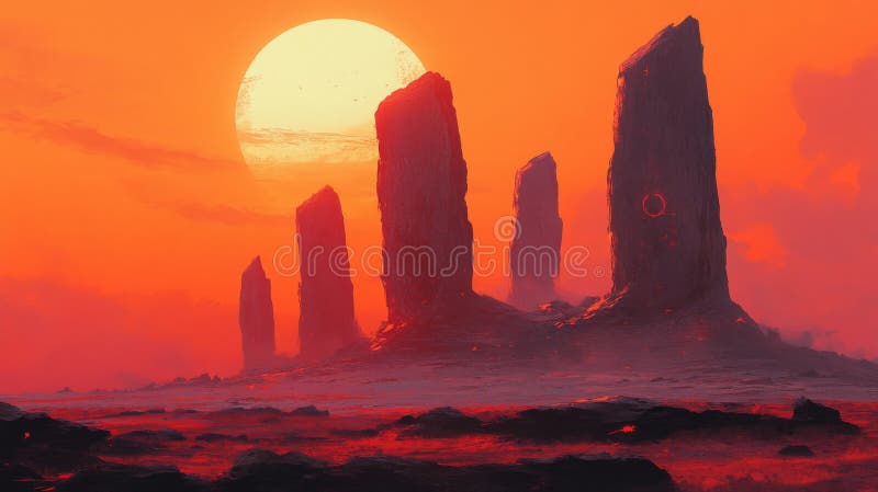 Red Sunset Over Ancient Stone Ruins in a Desert Landscape Stock ...