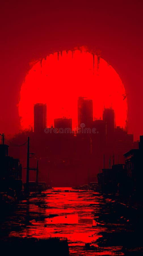Red Sunset Over a City with a Dark and Moody Tone Stock Illustration ...