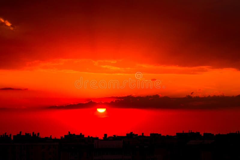 Red Sunset Over City Rooftops Stock Photo - Image of twilight, city ...