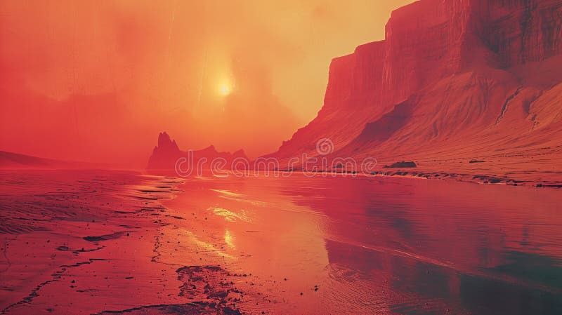 Red Sunset Over a Desert River with Mountain Cliffs Stock Photo - Image ...