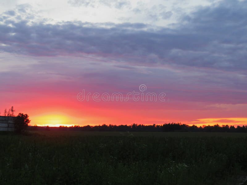 Red sunset over the field stock photo. Image of setting - 191161700