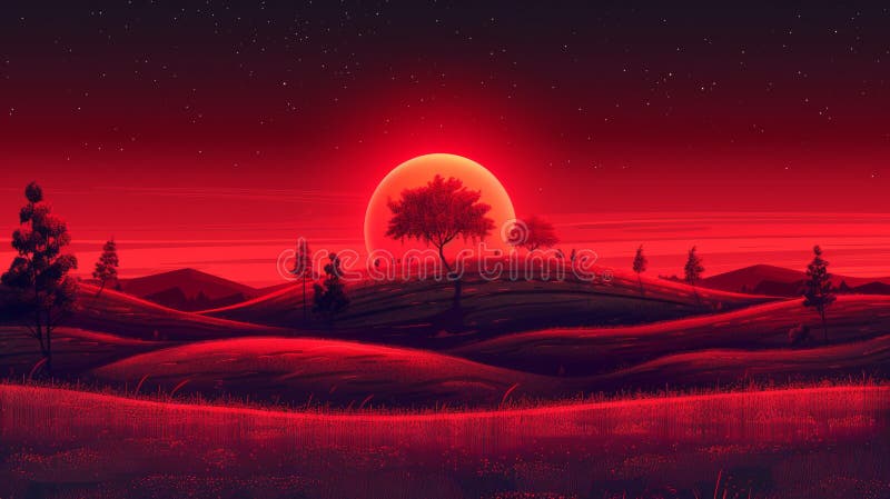 Red Sunset Over Field Trees Hills Ai Stock Photos - Free & Royalty-Free ...