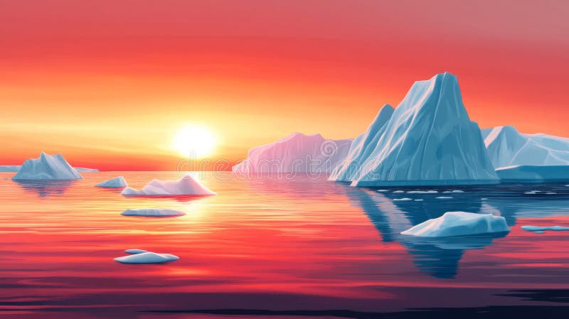 Red Sunset Over Icebergs in Arctic Ocean Stock Illustration ...