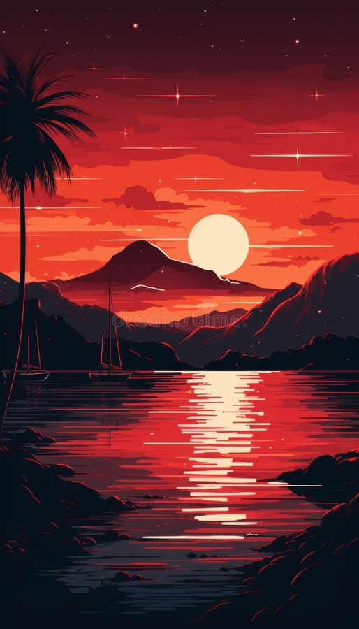 Red Sunset Over the Lake, Mountain Silhouette, Palm Trees Reflection in ...