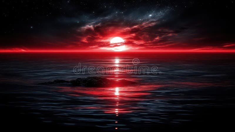 Red Sunset Over Ocean stock illustration. Illustration of marvelous ...