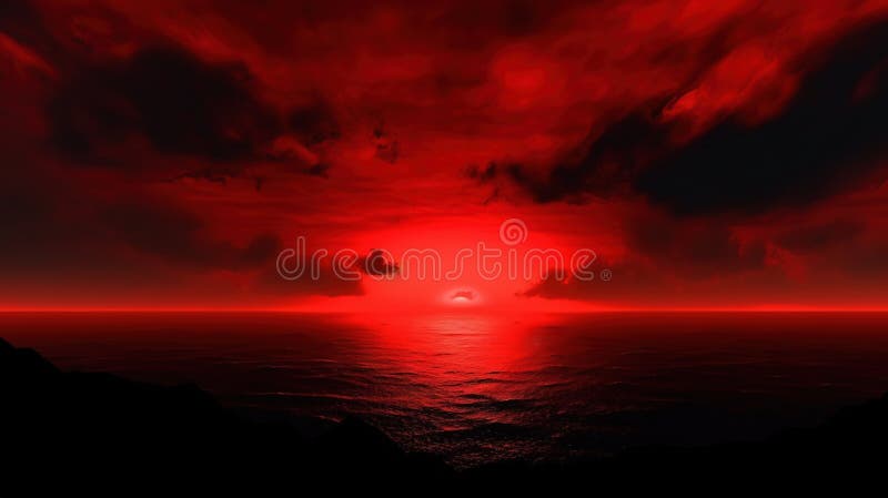 A Red Sunset Over the Ocean with a Boat in the Distance Stock ...