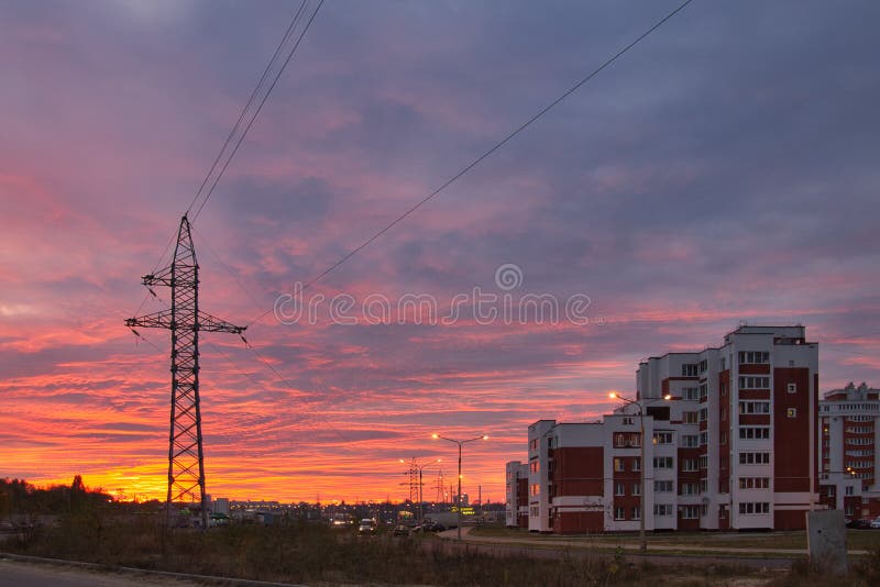 Red Sunset Over the Residential Area of the City Stock Photo - Image of ...