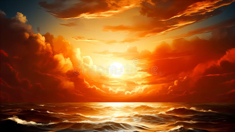 Red Sunset Over the Sea with Clouds and Waves Stock Illustration ...