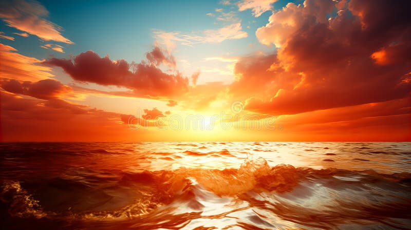 Red Sunset Over the Sea with Clouds and Waves Stock Illustration ...