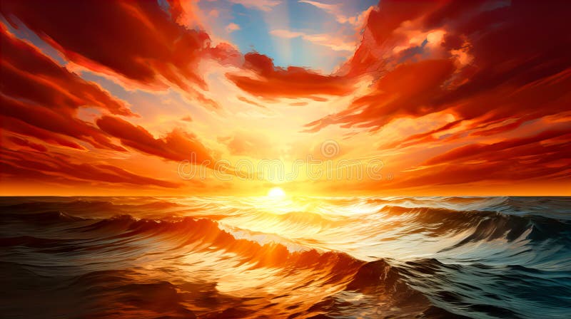 Red Sunset Over the Sea with Clouds and Waves Stock Illustration ...