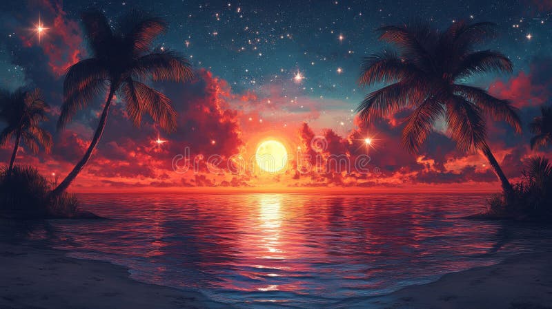 Red Sunset Over Tropical Beach with Palm Trees and Starry Night Sky ...