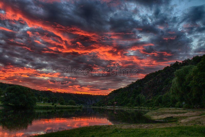 Red Sunset on the River Bank. Stock Image - Image of nature, water ...