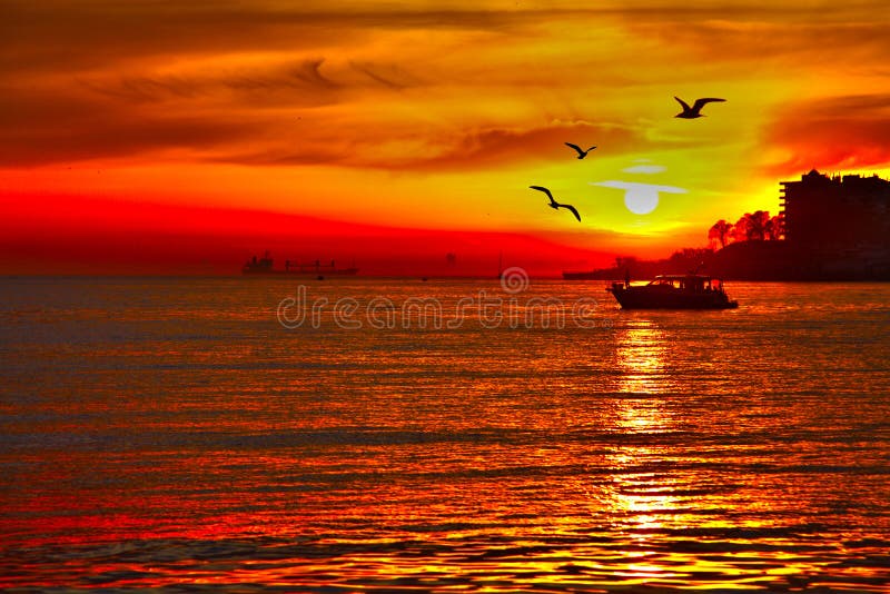 Red Sunset at Sea Istanbul Turkey Stock Photo - Image of life, ship ...