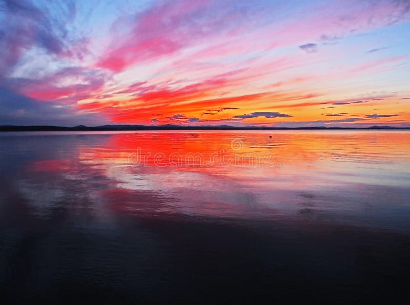 Red Sunset Sky Over the Lake, Dramatic Lighting Stock Image - Image of ...
