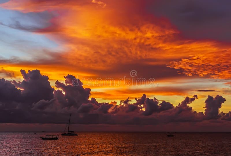 Red sunset sky over ocean stock image. Image of scene - 181915213
