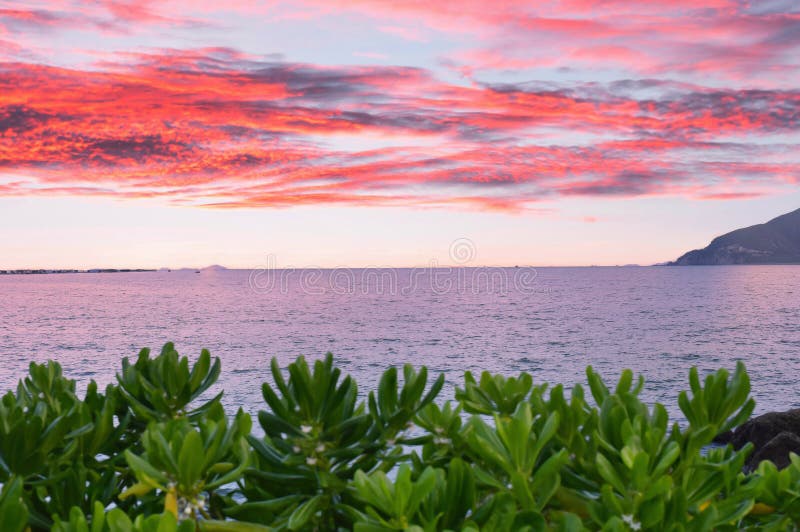 Red Sunset Under Sea and Greens in Vietnam Stock Image - Image of ...