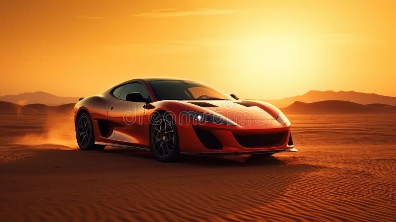 Red Super Car Driving through Desert Landscape at Sunset Stock ...