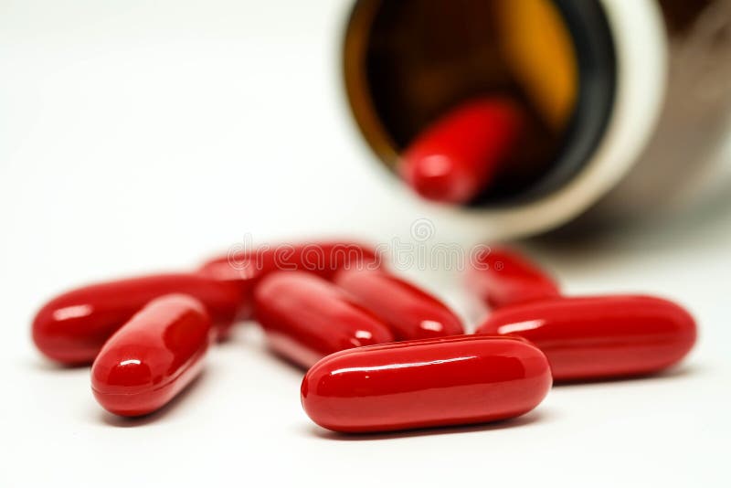Red Supplement Tablets and the Bottle Stock Image - Image of vitamins ...