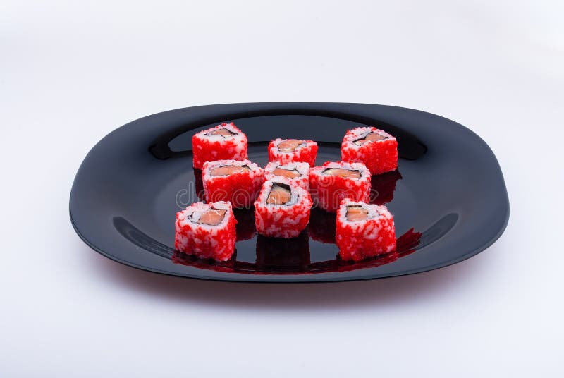 Red Sushi on the Dark Plate Stock Image - Image of porcelain, lunch ...