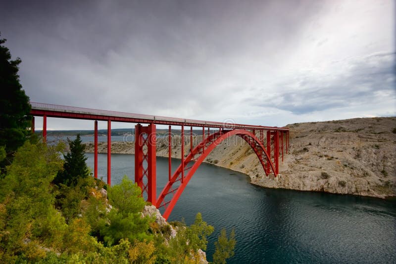 Red Bridge Maslenica in Croatia Stock Image - Image of steel, cloudy ...