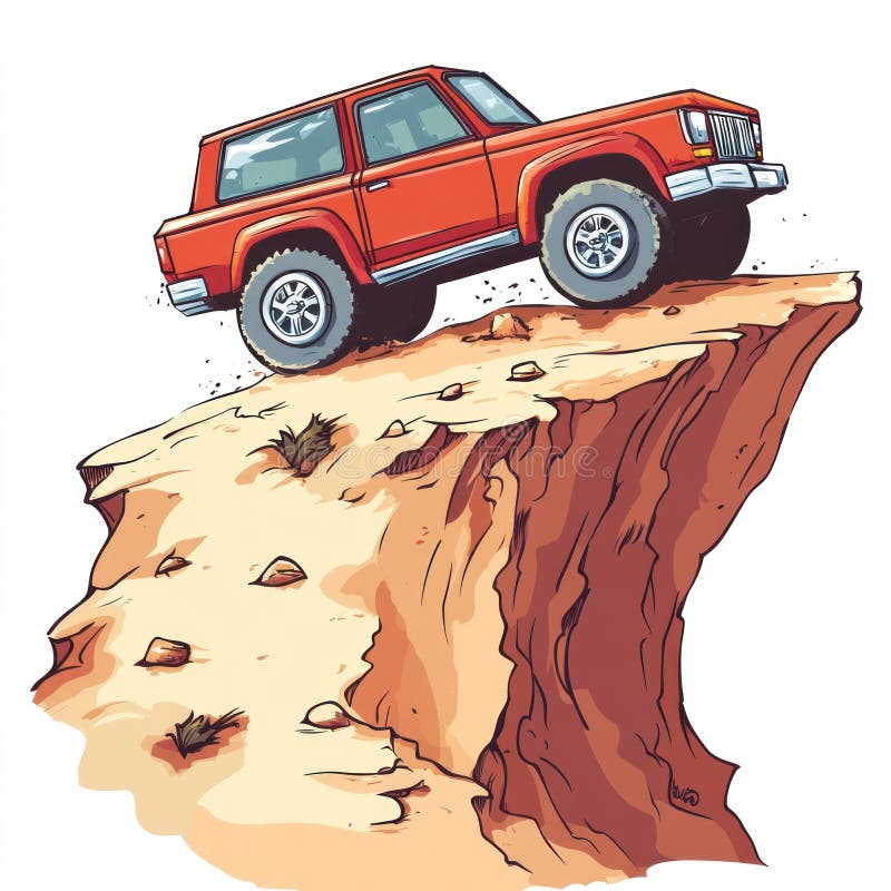 Red Jeep on Cliff Edge stock illustration. Illustration of mountain ...