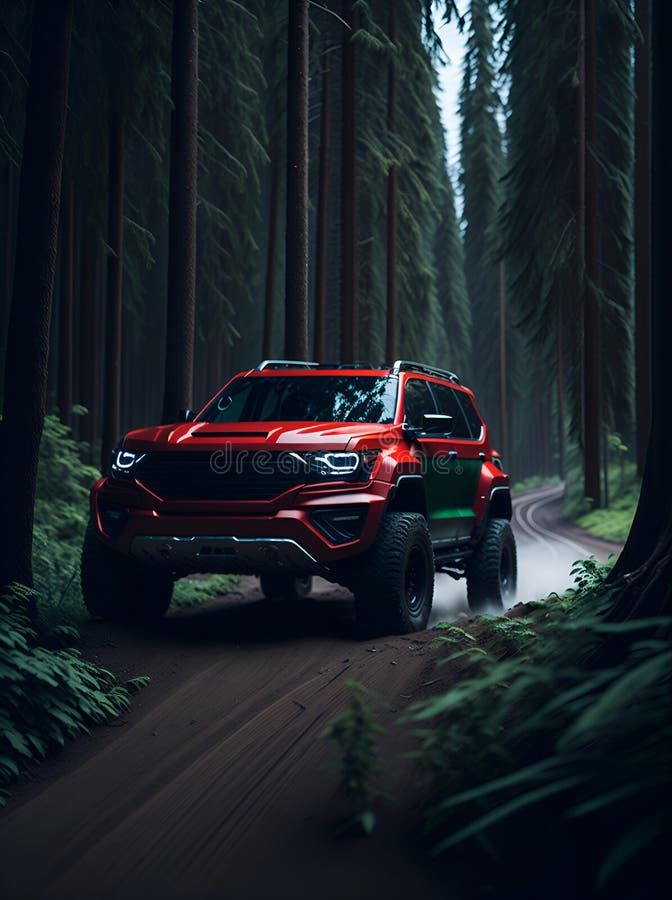 Red SUV in a Foggy Forest. Unique Image Stock Illustration ...