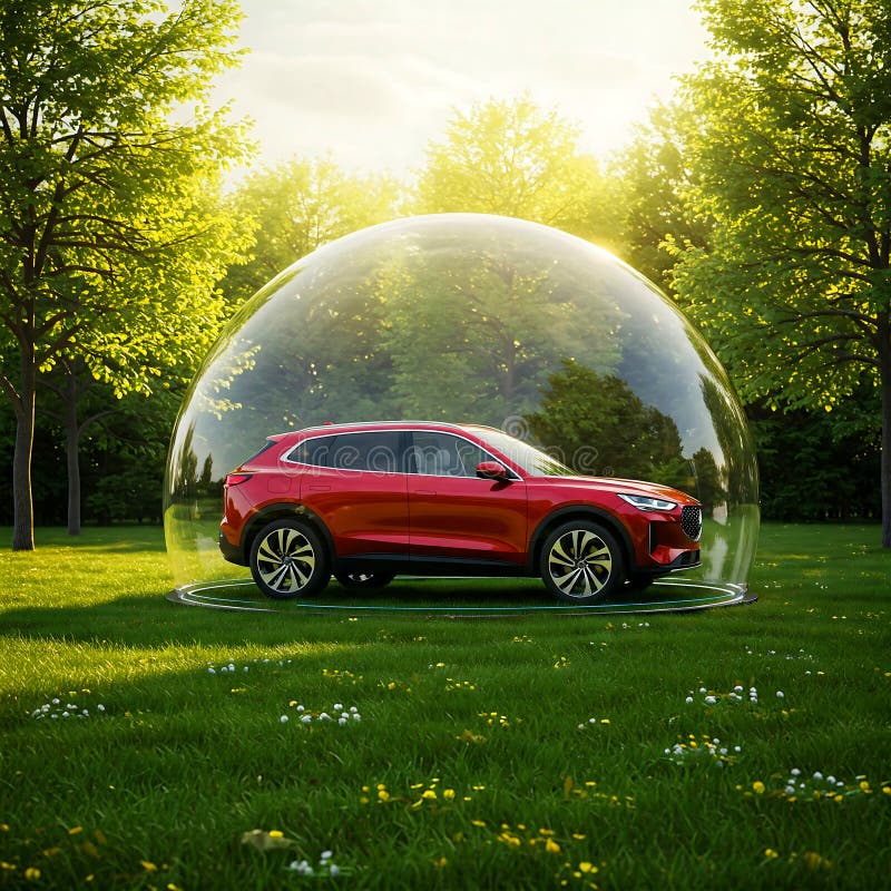 Red SUV Protected by a Transparent Sphere in a Lush Green Park Stock ...