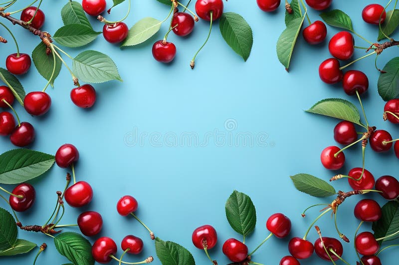 Red Sweet Cherry Berries Border Frame on Blue Background Top View with ...