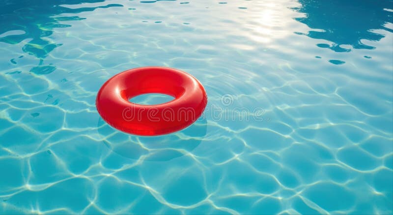 Red Swimming Ring Float Gently Drifting on Clear Blue Pool Water with ...
