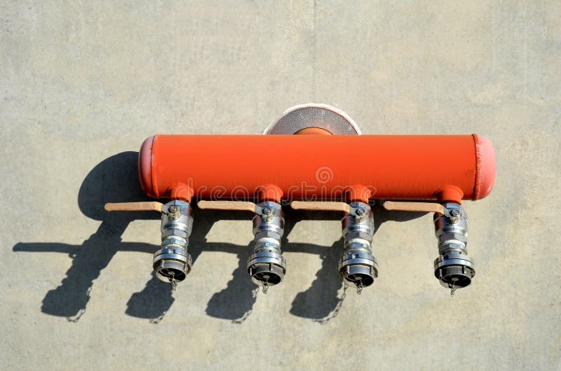 Red Switchboard for Fire Hoses Designed for Connecting Fire Hoses. Four ...