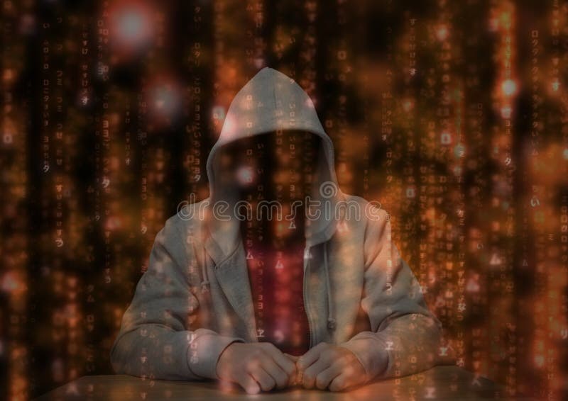 Red T Shirt Hacker with Out Face in the Desk Red Code Stock ...